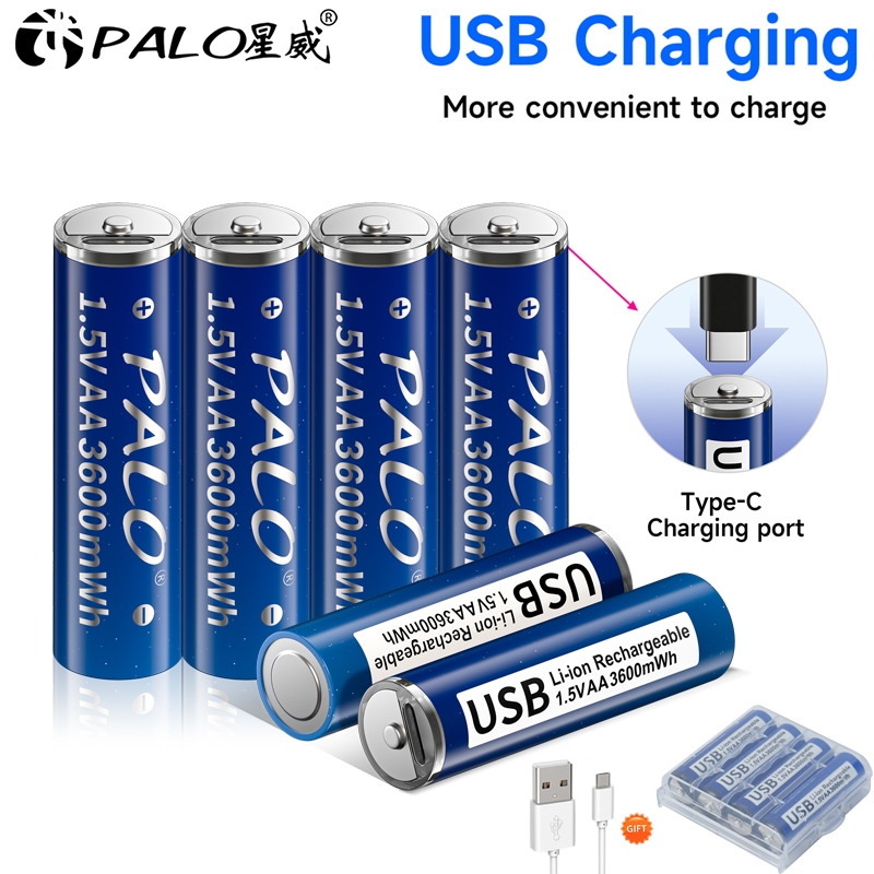 PALO 1.5V AA Rechargeable Battery 3600 mwh Li-Ion Type-C Self-Discharge ...