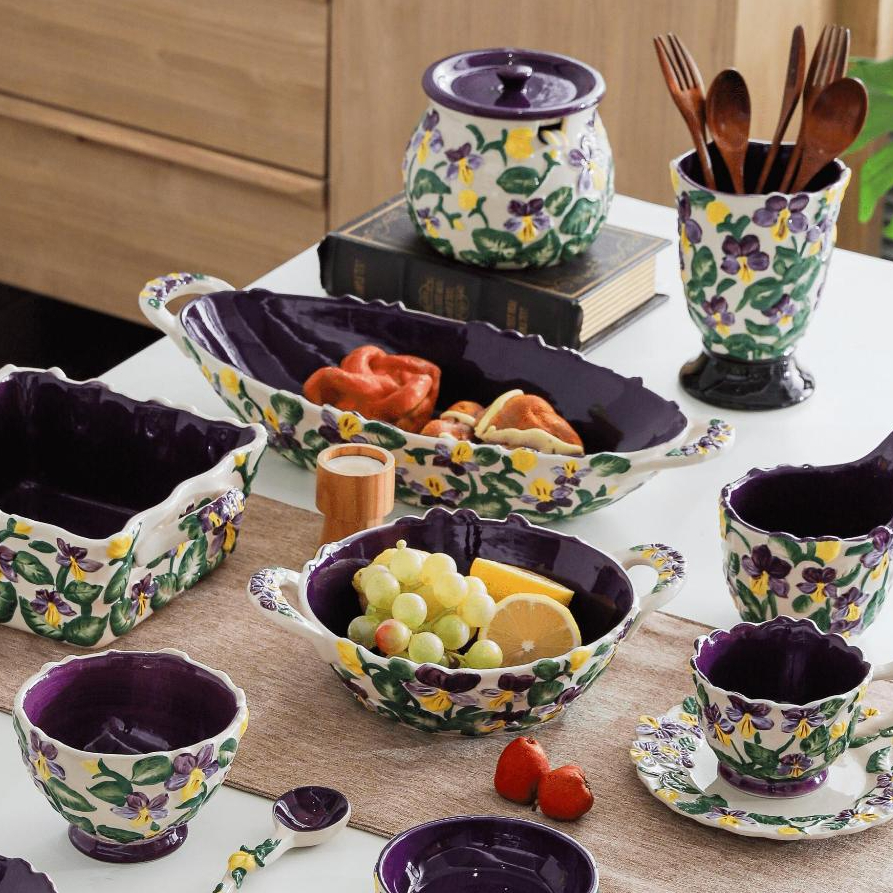 Underglaze relief iris ceramic tableware for dining,high-footed bowls ...