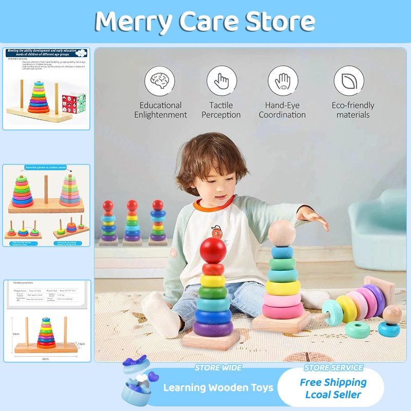 Quality Hanoi Wooden Rainbow Tower Toy for Kids Learning Toys Stacker ...
