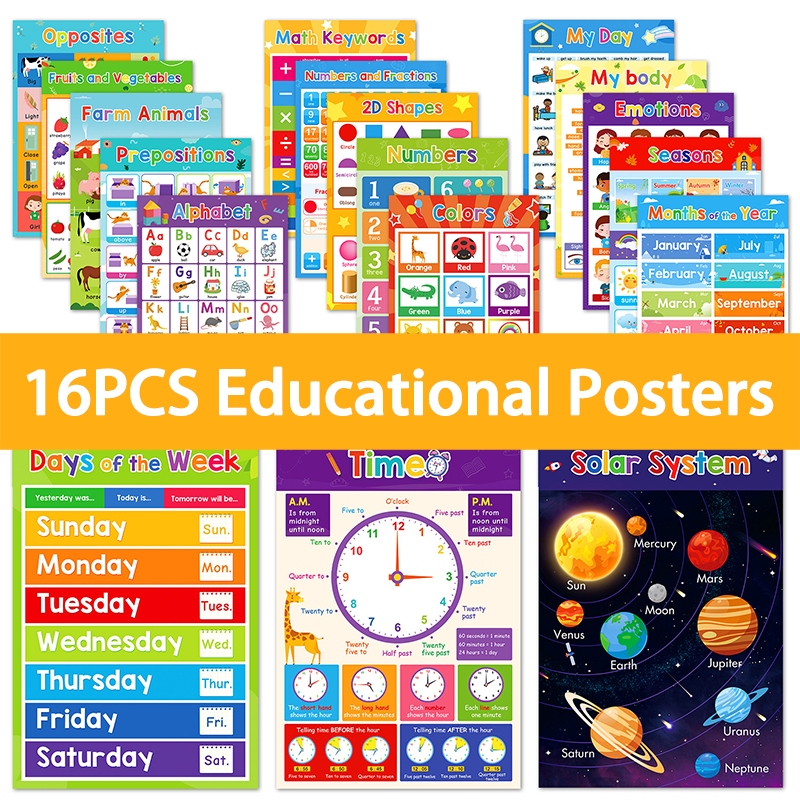 16PCS Educational Chart For Kids ABC English Alphabet Number Posters ...