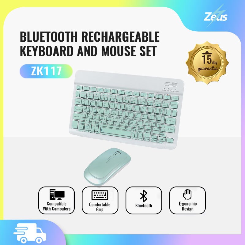 Zeus 10" Bluetooth Wireless Keyboard Mouse Combo Rechargeable Ultra ...
