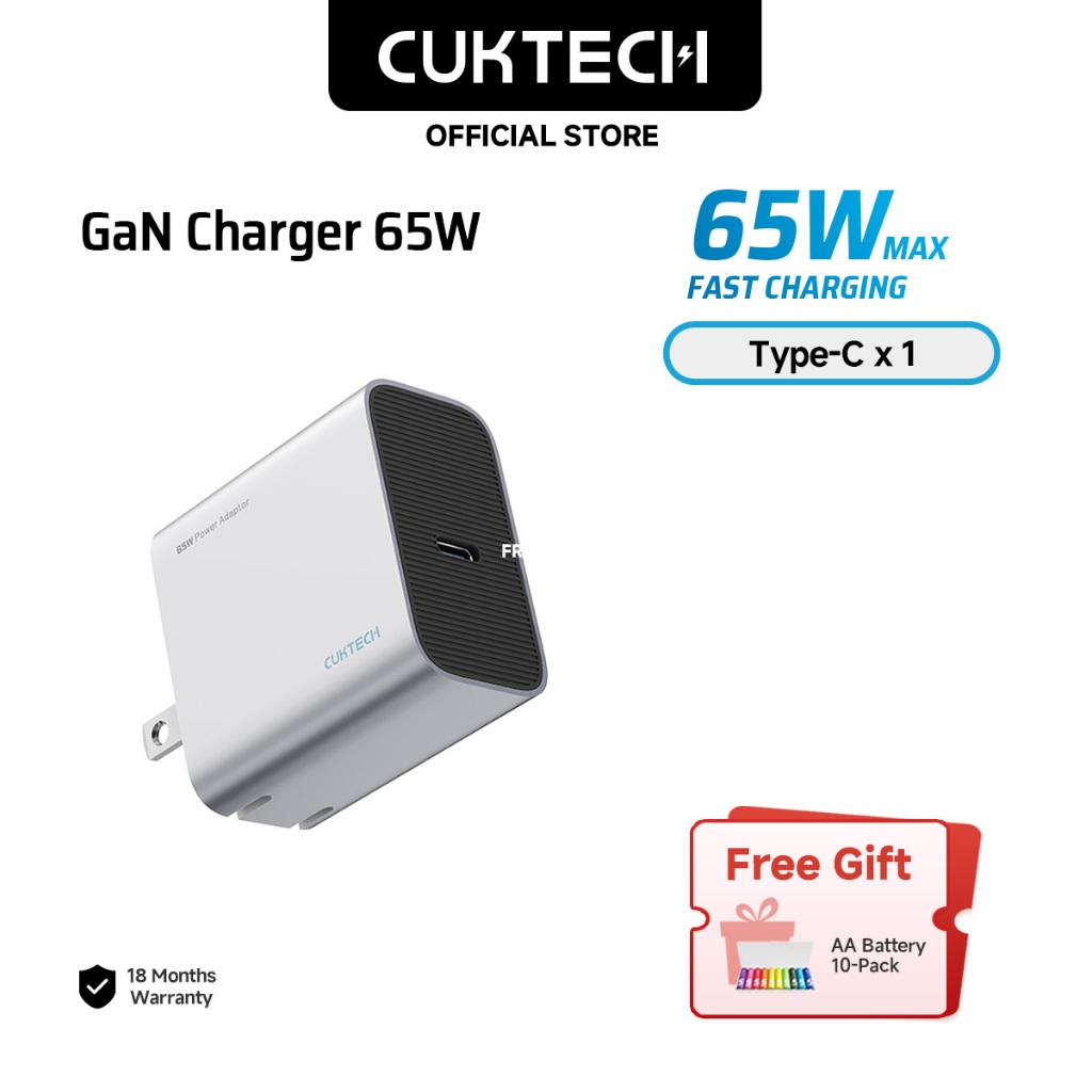 CUKTECH 65W GaN Fast Wall Charger | 1 USB-C | PD fast charging for Laptop, Phone with 5A 100W ...
