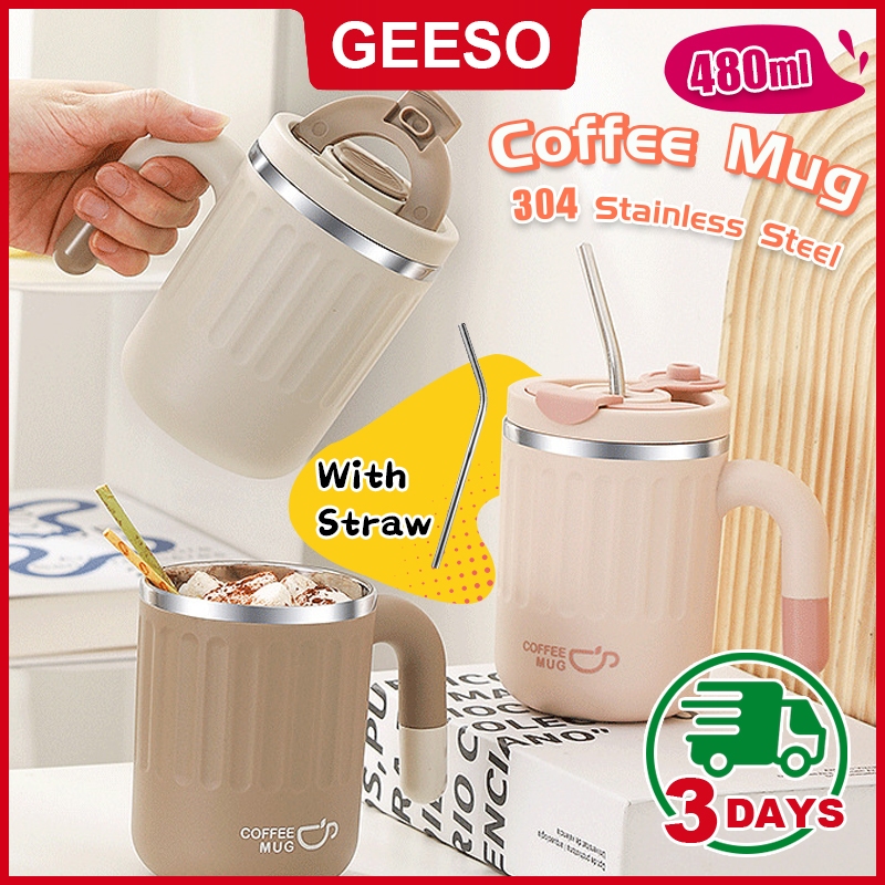 GEESO Stainless Steel Coffee Mug With Cover 480ml Coffee Mug With Straw ...