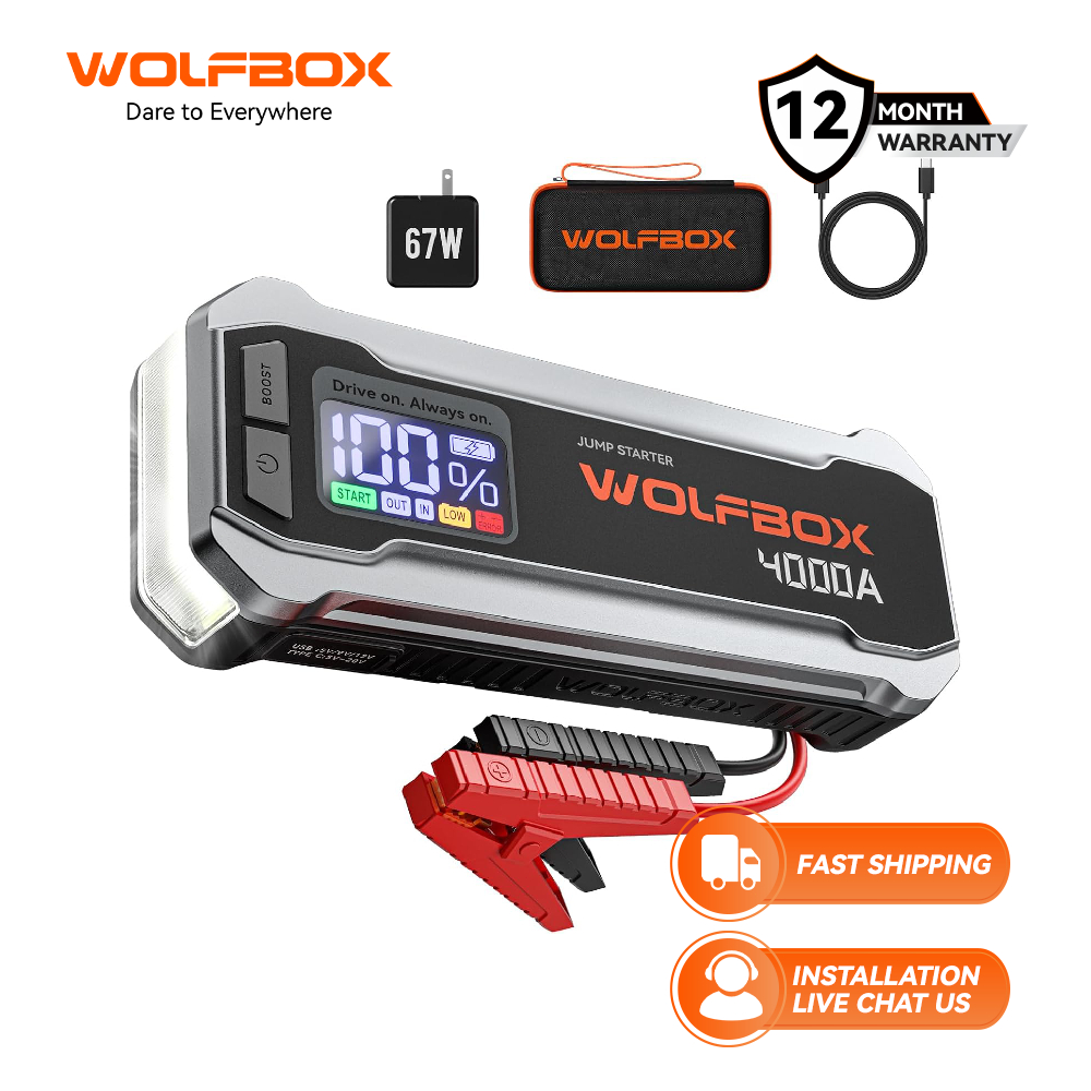 WOLFBOX 4000A 12V Car Jump Starter – 24000mAh Battery Pack for 10L Gas & Diesel Engines, 65W ...