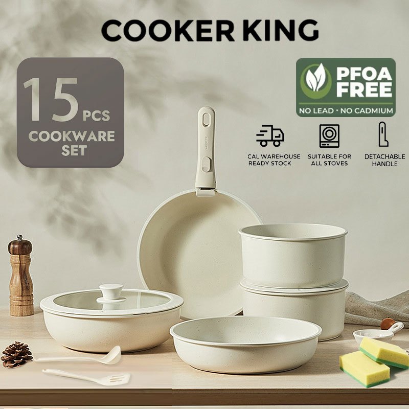 COOKER KING 15PCS Nonstick Ceramic Rock Cookware Set Handle Detachable ...