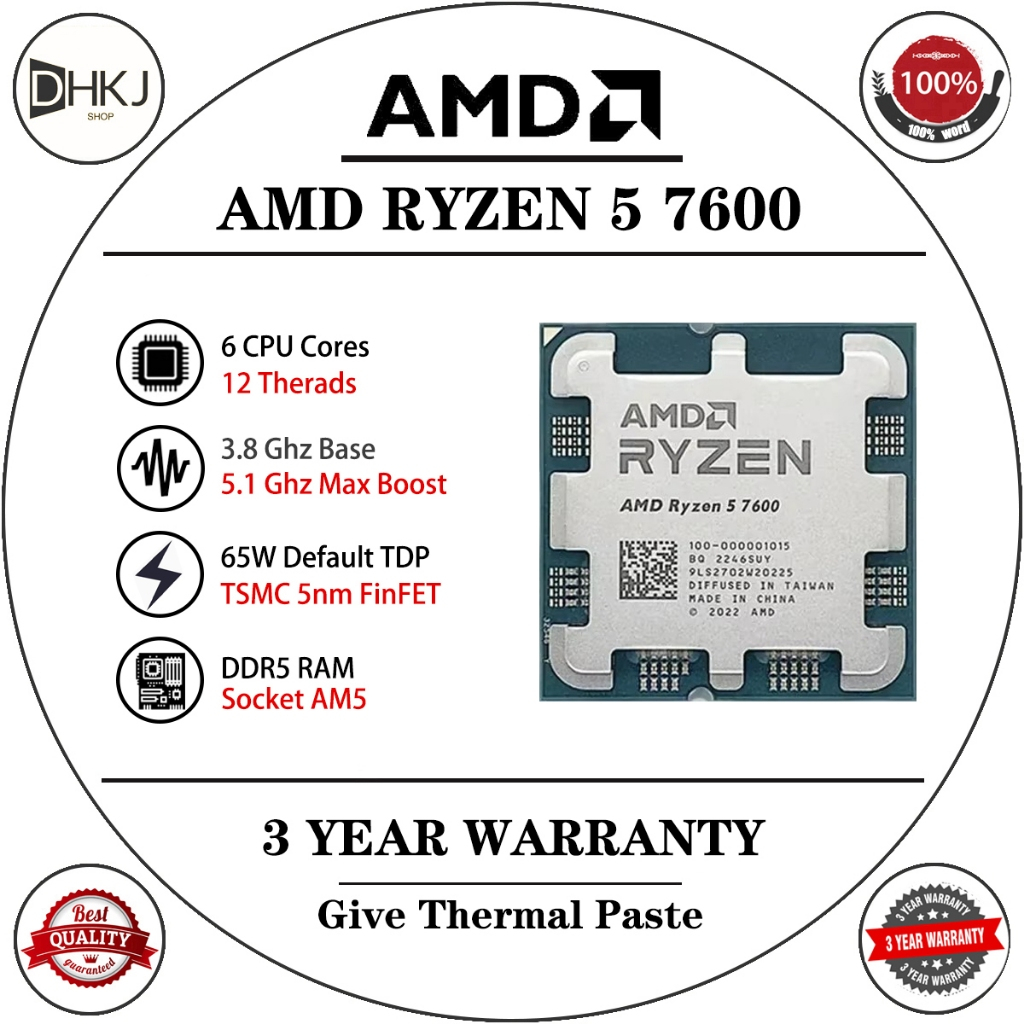USED AMD RYZEN 5 7600 CPU Ryzen 5 7600 5.1GHz 6-Core 12-Thread 5NM,L3 ...