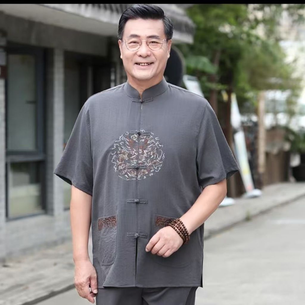 Men's Chinese Traditional Short-Sleeved Suit Tai Chi Pure Cotton Shirt ...