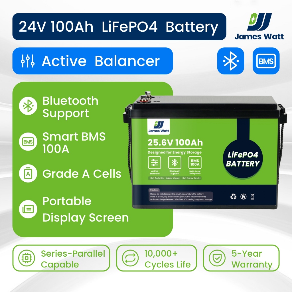James Watt Active Balancer& Bluetooth 24V 100Ah LiFePO4 Lithium Battery ...
