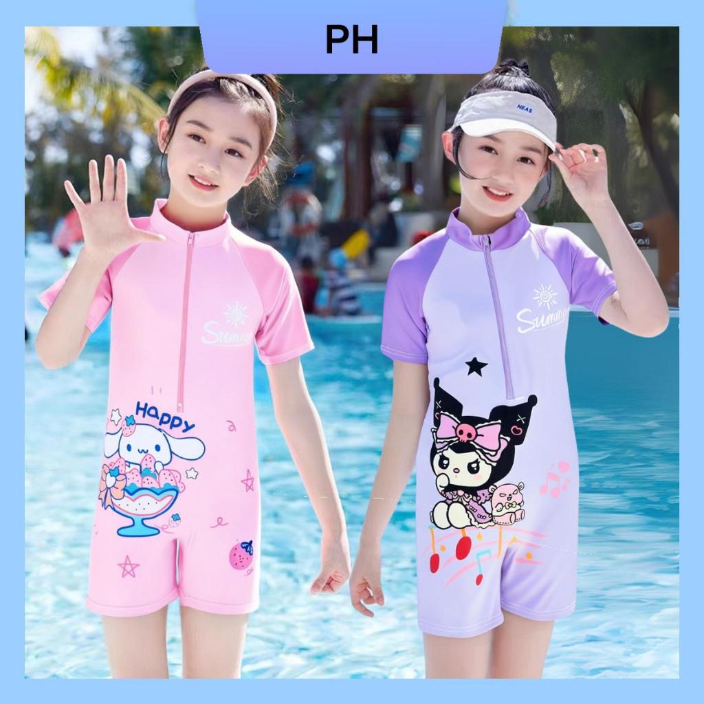 Girls' one-piece short sleeve swimsuit, Kuromi print design, quick-dry ...