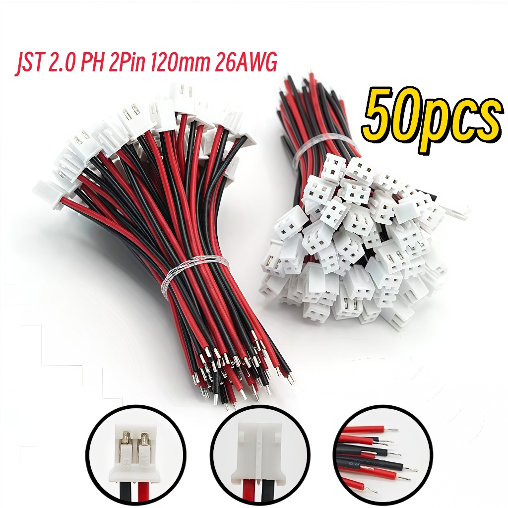 50pcs Plug with Wires Cables SETS Mini Micro JST 2.0 PH 2-Pin Connector 120MM 26AWG Wires Cables ...
