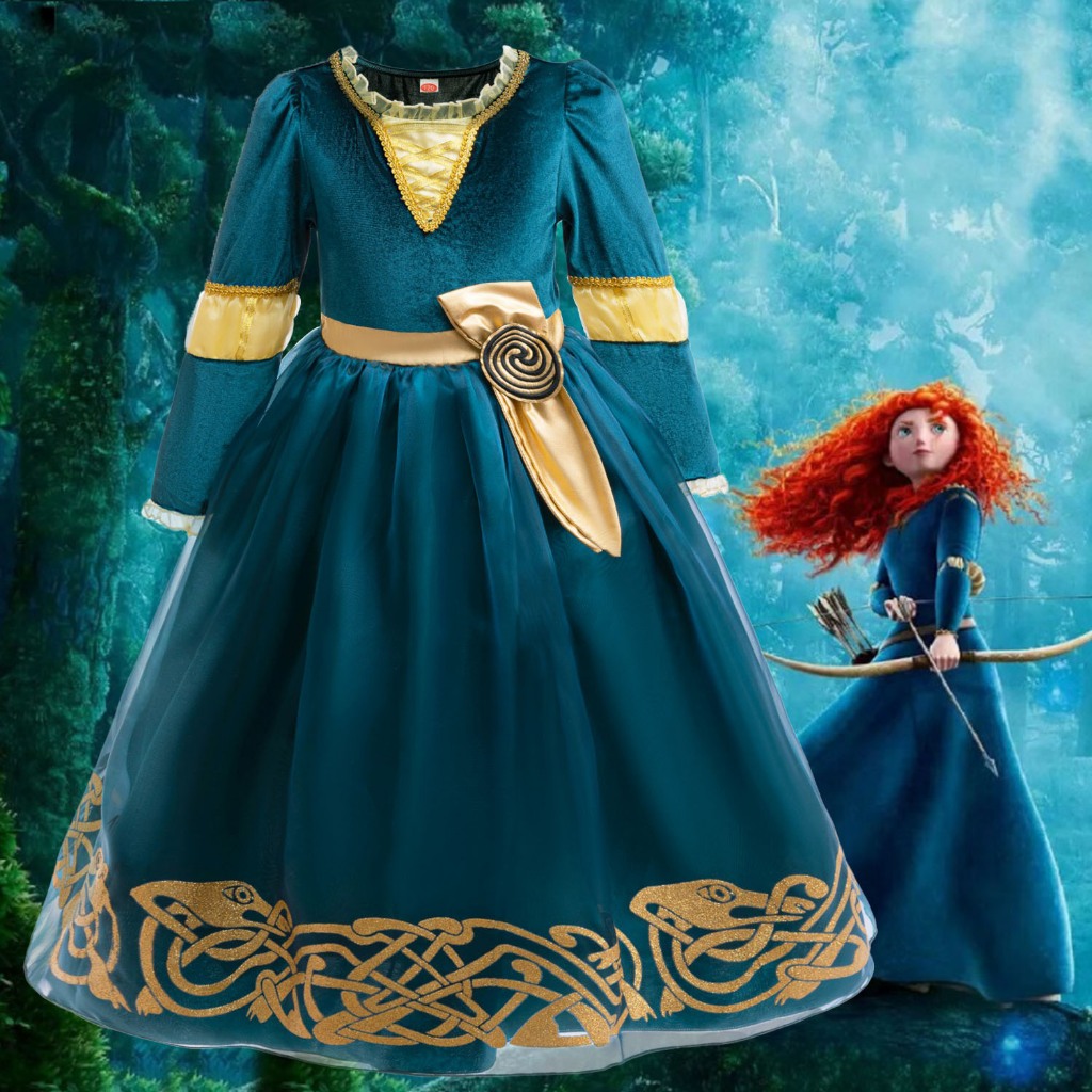 Children Girl Merida Costume Long Sleeve Printed Princess Dress Kids ...