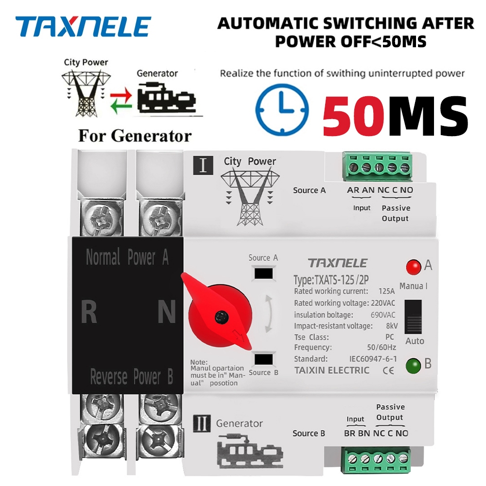 TAXNELE Din Rail 2P 4P ATS Dual Power Automatic Transfer Switch 63A 125A Selector Switches ...