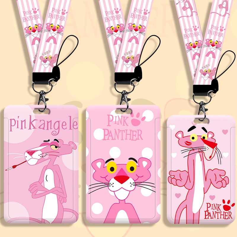 Back To School Cute Pink Panther Card Holder With Lanyard Waterproof ID ...