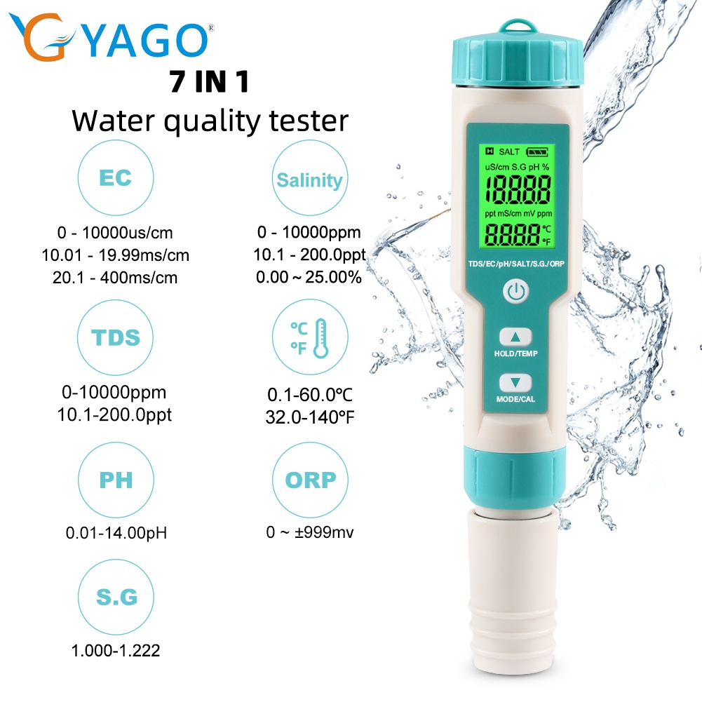 YAGO 7 in 1 water quality tester + ORP calibration powder + EC / TDS ...