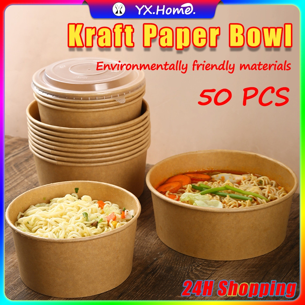 50PCS Kraft Bowl Disposable Rice Bowl Paper Bowl With Lid Leak Proof ...