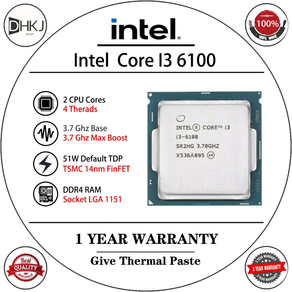Used Intel Core i3 6100 3.7GHz 3M Cache Dual-Core 51W CPU Processor SR2HG LGA 1151 | Shopee ...