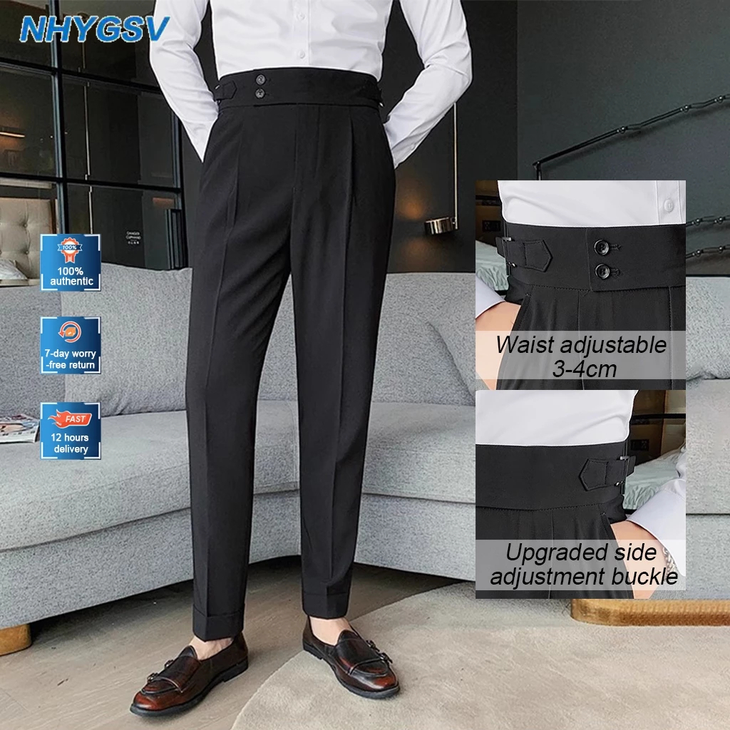 NHYGSV Men's Casual Pants Adjustable Waist Anti-Wrinkle Fabric Black ...