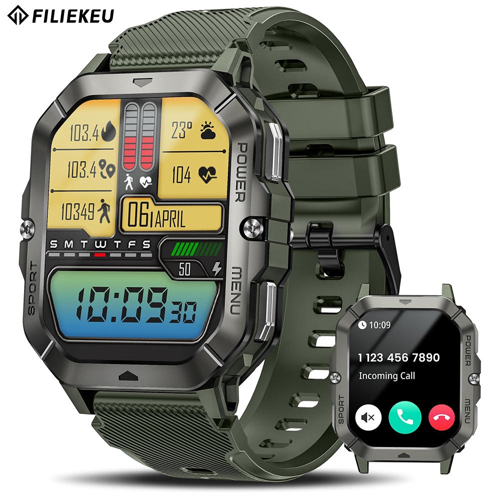 FILIEKEU Military Smart Watch 5ATM Waterproof Rugged Fitness Tracker ...