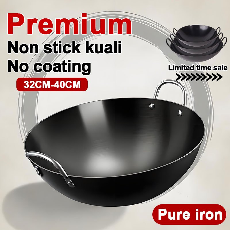 Thick Wok Double Ear lron Pot Frying Pan Kawali Wok Non Stick Black ...