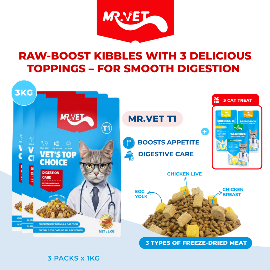 Mr Vet T1 Cat Kibble Pack of 3Kg, Remove Hair Ball, 35% chicken, 21% beef; over 30% crude ...