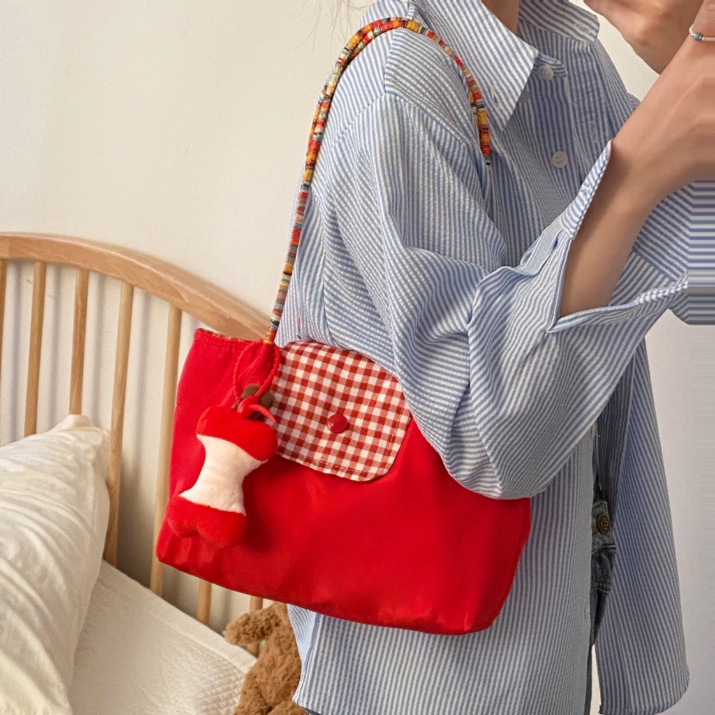 Red plaid large capacity waterproof shoulder bag 23x18x8cm | Shopee ...