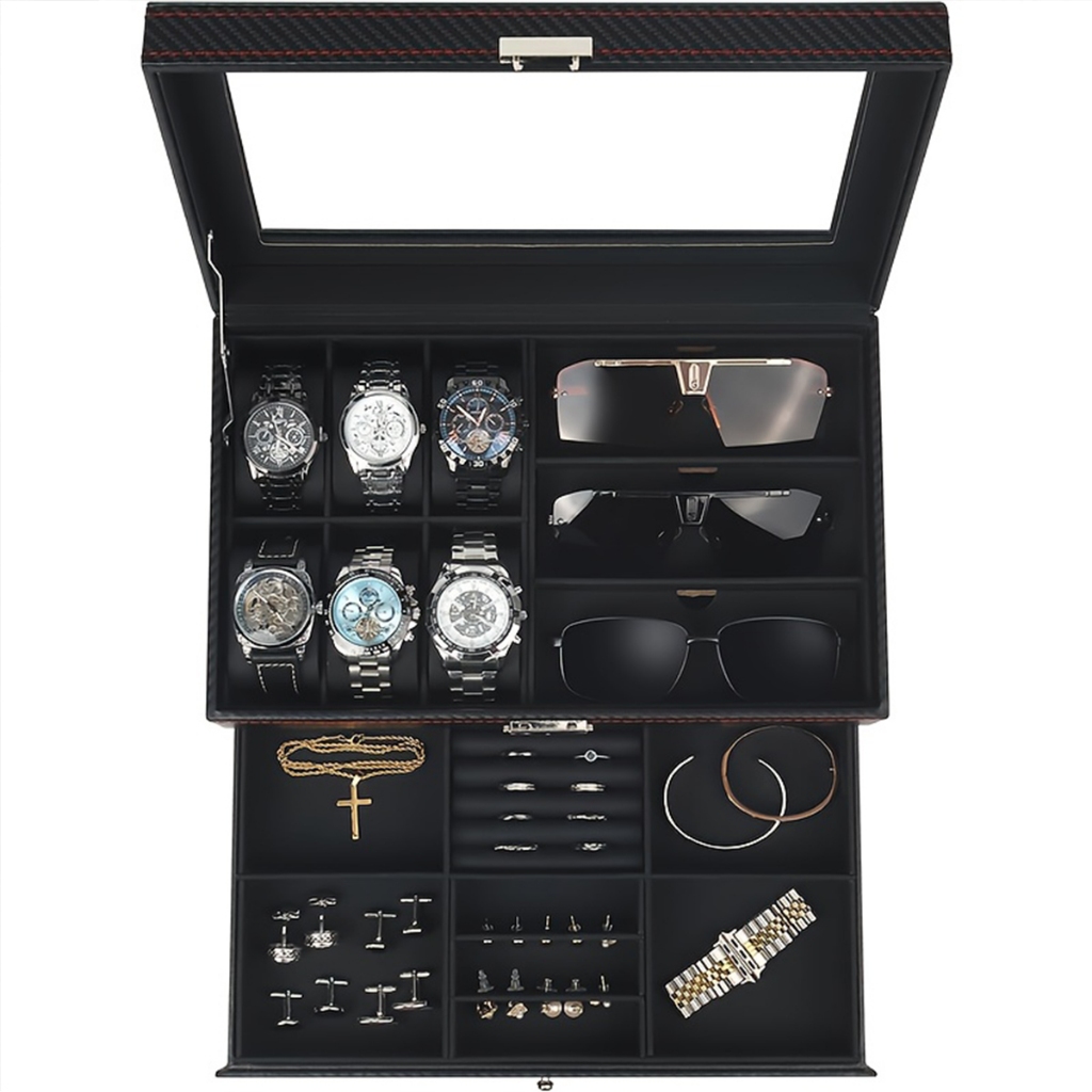 Men's Jewelry Box 2-Tier Watch Holder and Sunglasses Box Organizer for ...