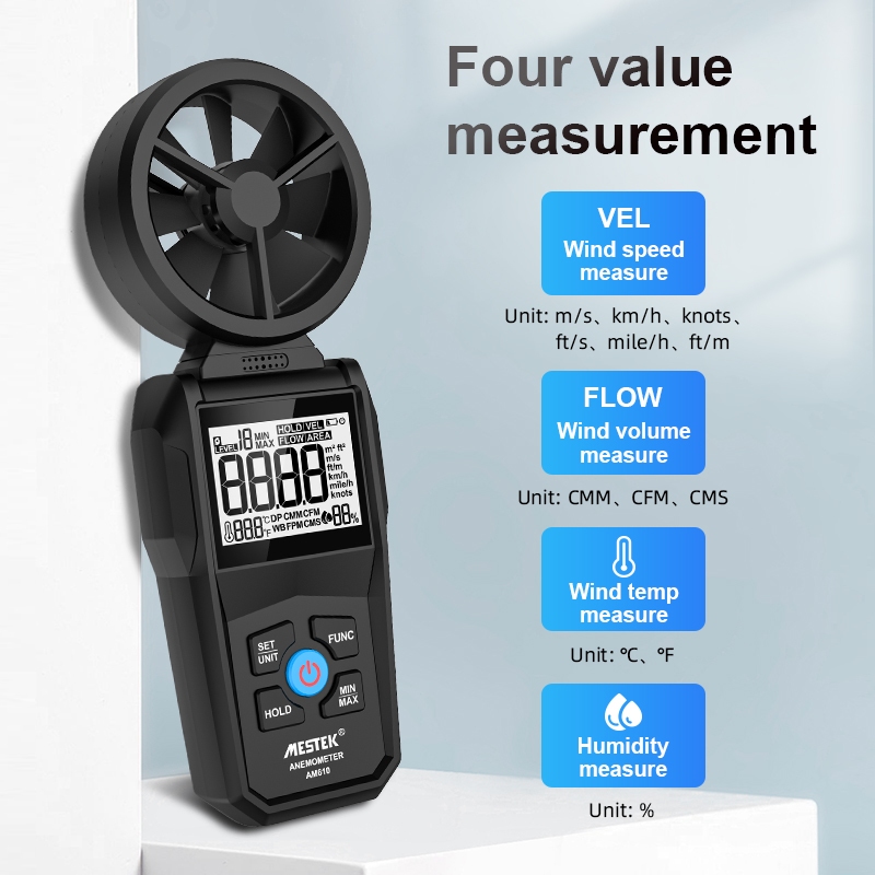 AM610 Digital Anemometer High Precision Eight-Blade 180°Rotatable Probe ...