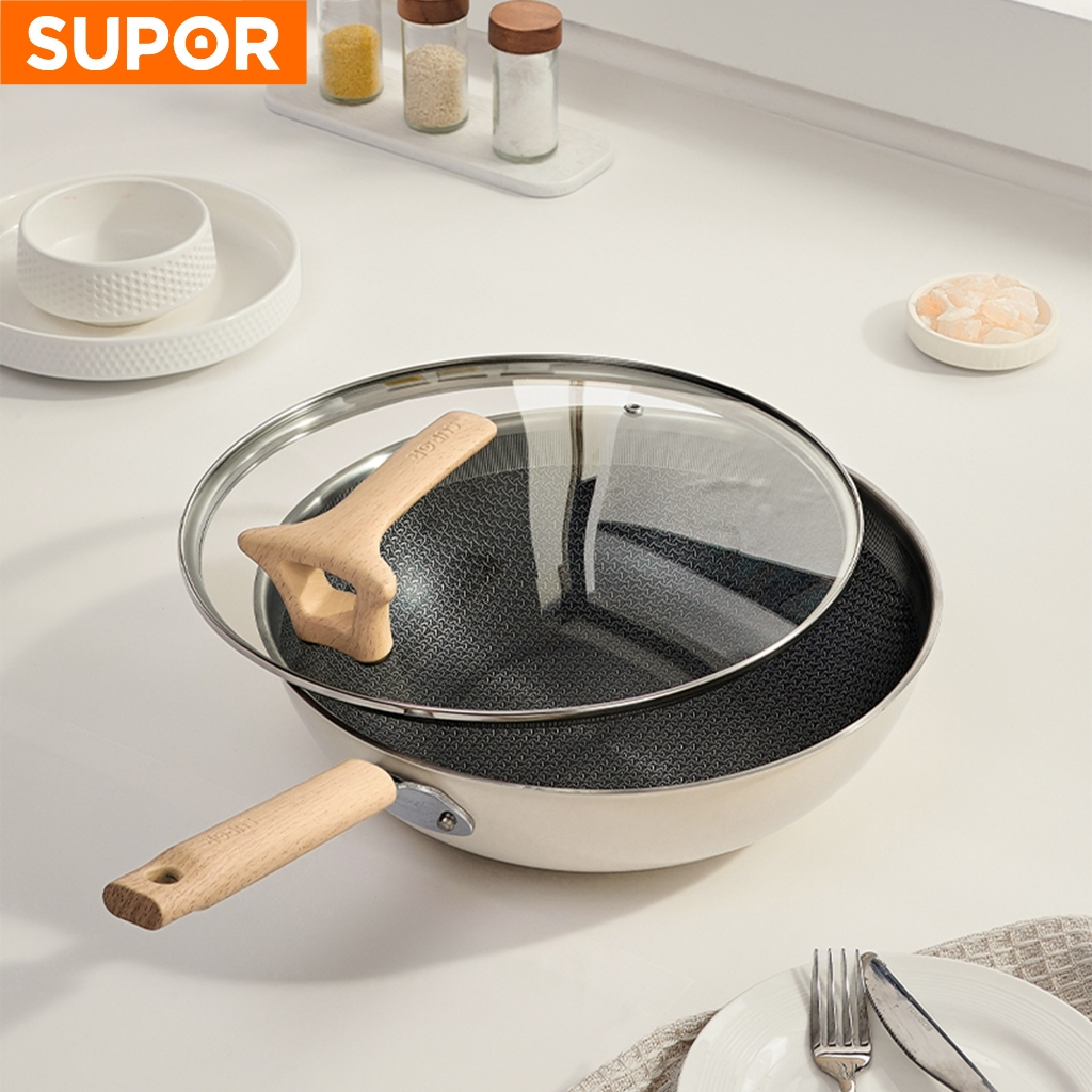 Supor 304 Stainless Steel Pan 32cm Wok Honeycomb Pan With Glass Lid 0 ...