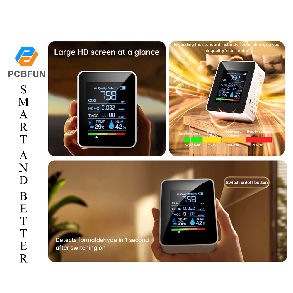 Pcbfun 5-in-1 Carbon Dioxide Detector Formaldehyde Detection HCHO/TVOC ...