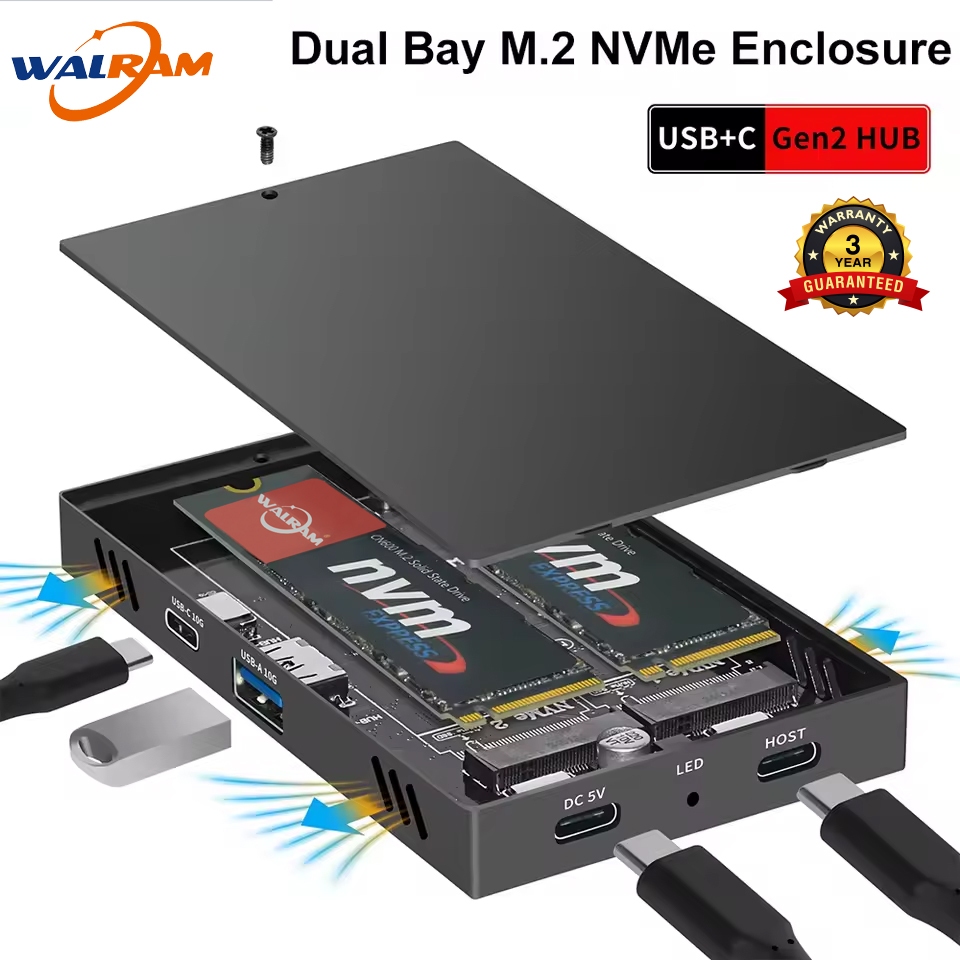 Walram Dual Bay M.2 NVME SSD Enclosure 10Gbps Docking Station USB3.2 ...