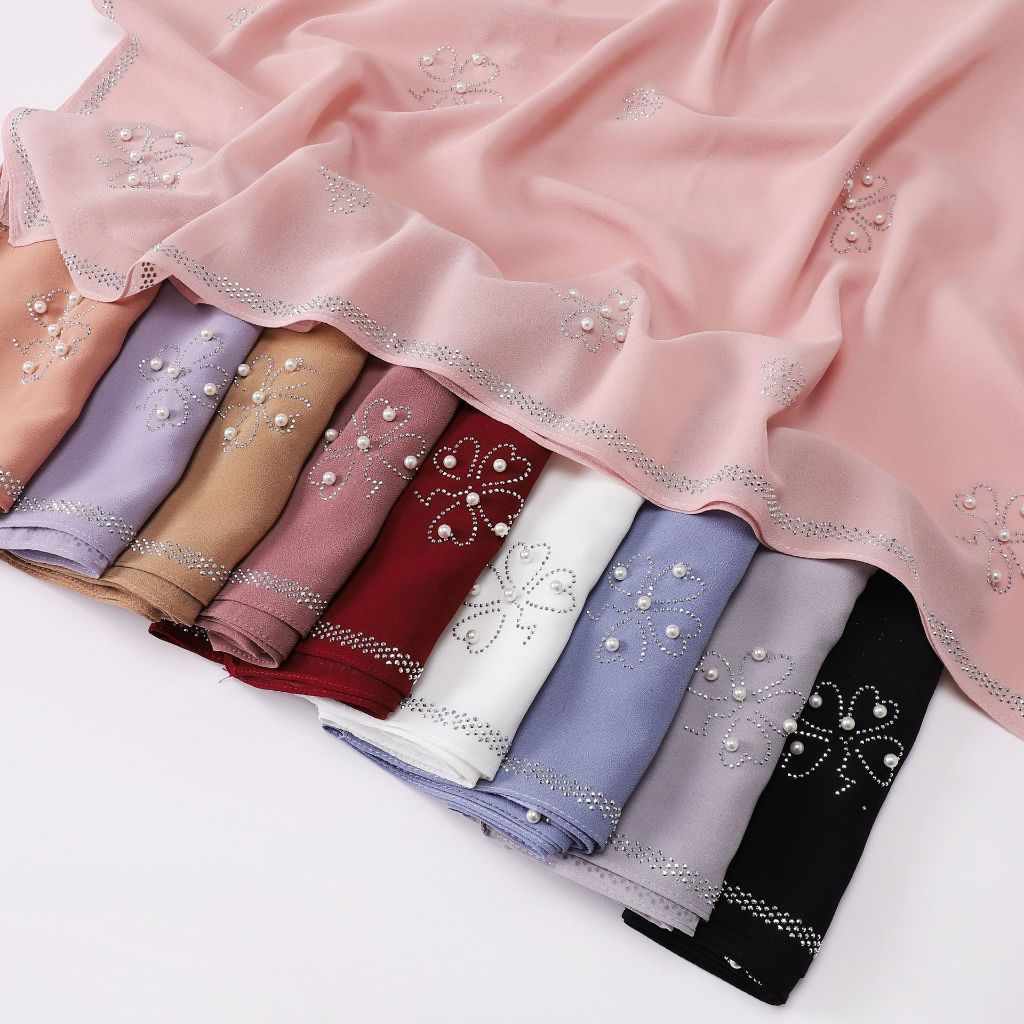 LOVOSME Floral Rhinestone Hijab Square Scarf Pearl Chiffon Muslim ...