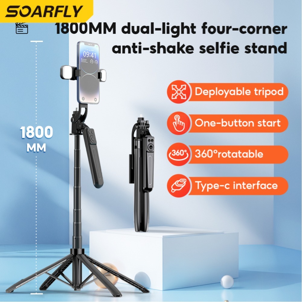 【Double Lamp】SOARFLY Upgraded 1800MM Four Corner Selfie Stick 360 ...