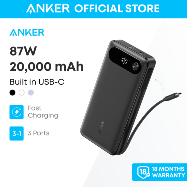 ANKER Power Bank 20,000mAh Travel Essential Portable Charger with Built-in USB-C Cable, 3-Port ...