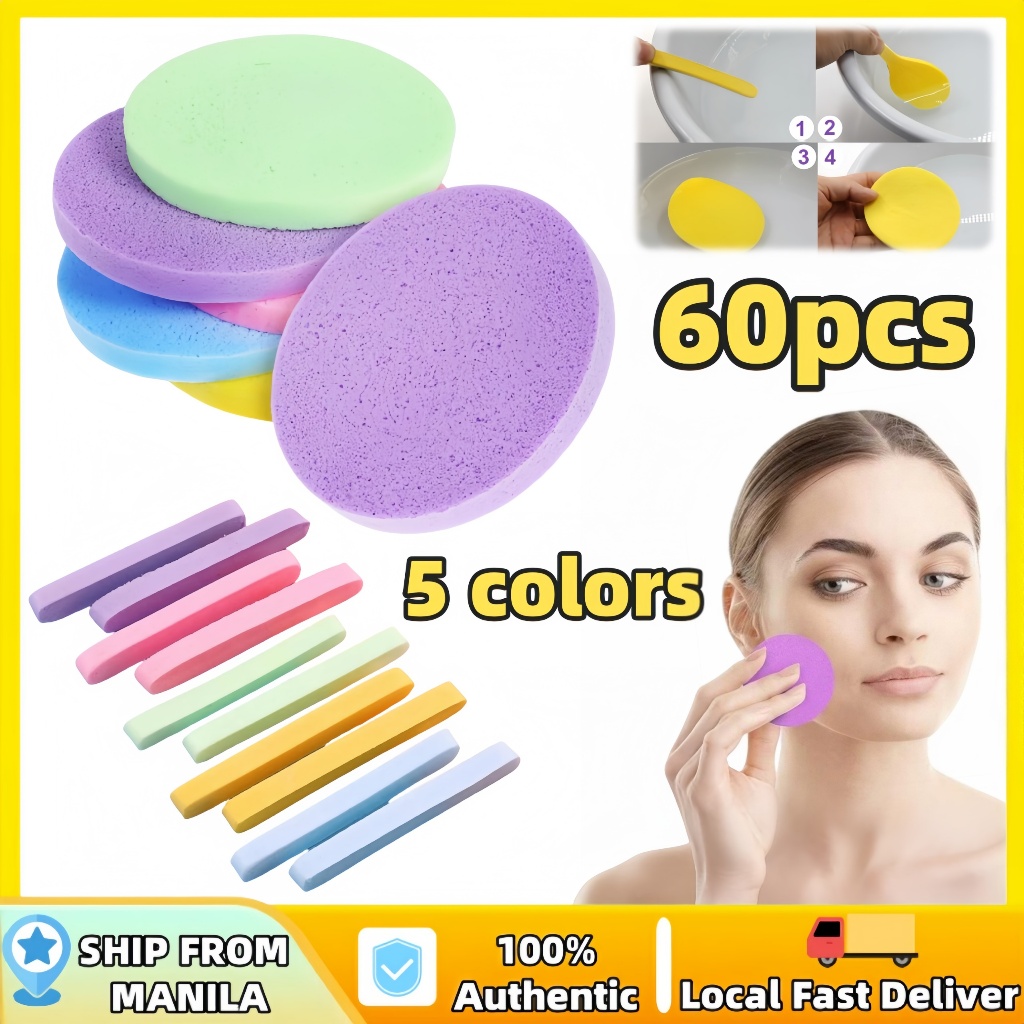 60 Pcs Facial Cleansing Sponge For Face Make Up Buffer Remover Pad Wet ...