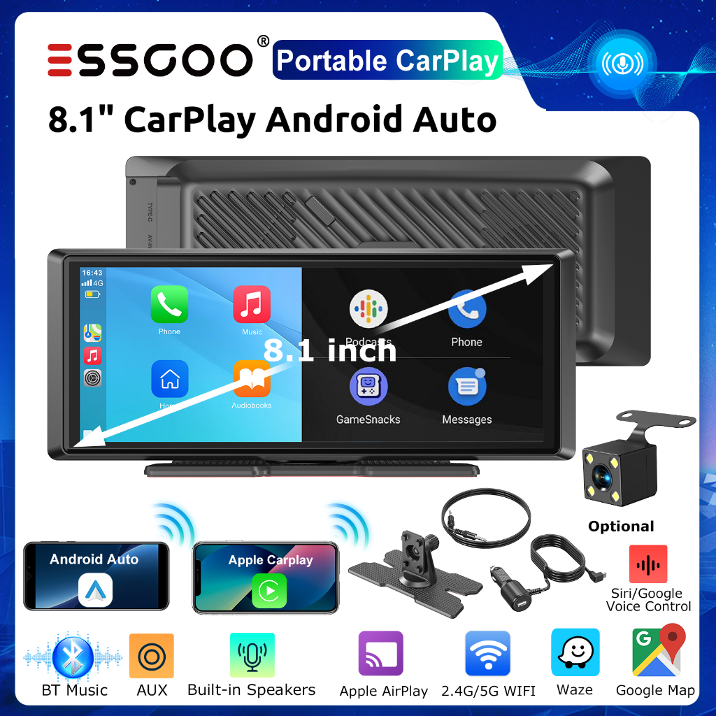 ESSGOO 8.1" INCH Portable Car Player CarPlay Android Auto FHD IPS 2.5D ...