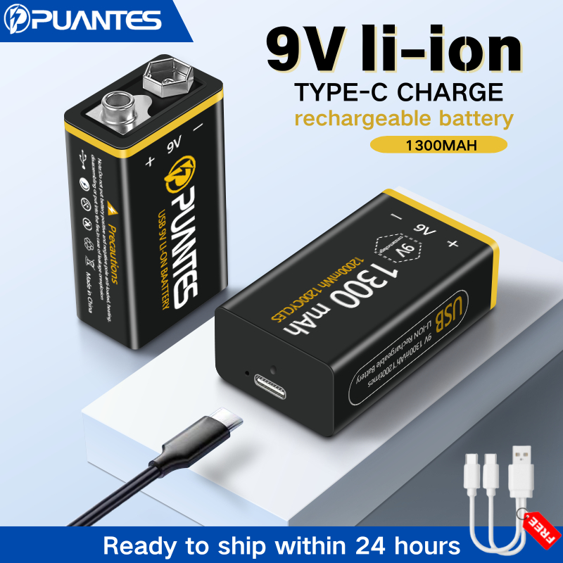PUANTES 9V 1300mAh 6F22 Battery Type-C USB Rechargeable Port Li-ion ...