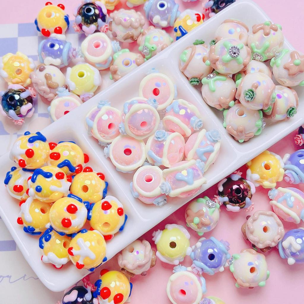 5 pcs Acrylic 3D Adhesive Flower Hand drawn Straight hole Round Beads ...