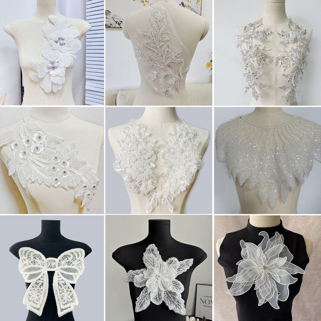 White Flower Sequin Embroidery Patches Fabric For Wedding Evening Dress ...