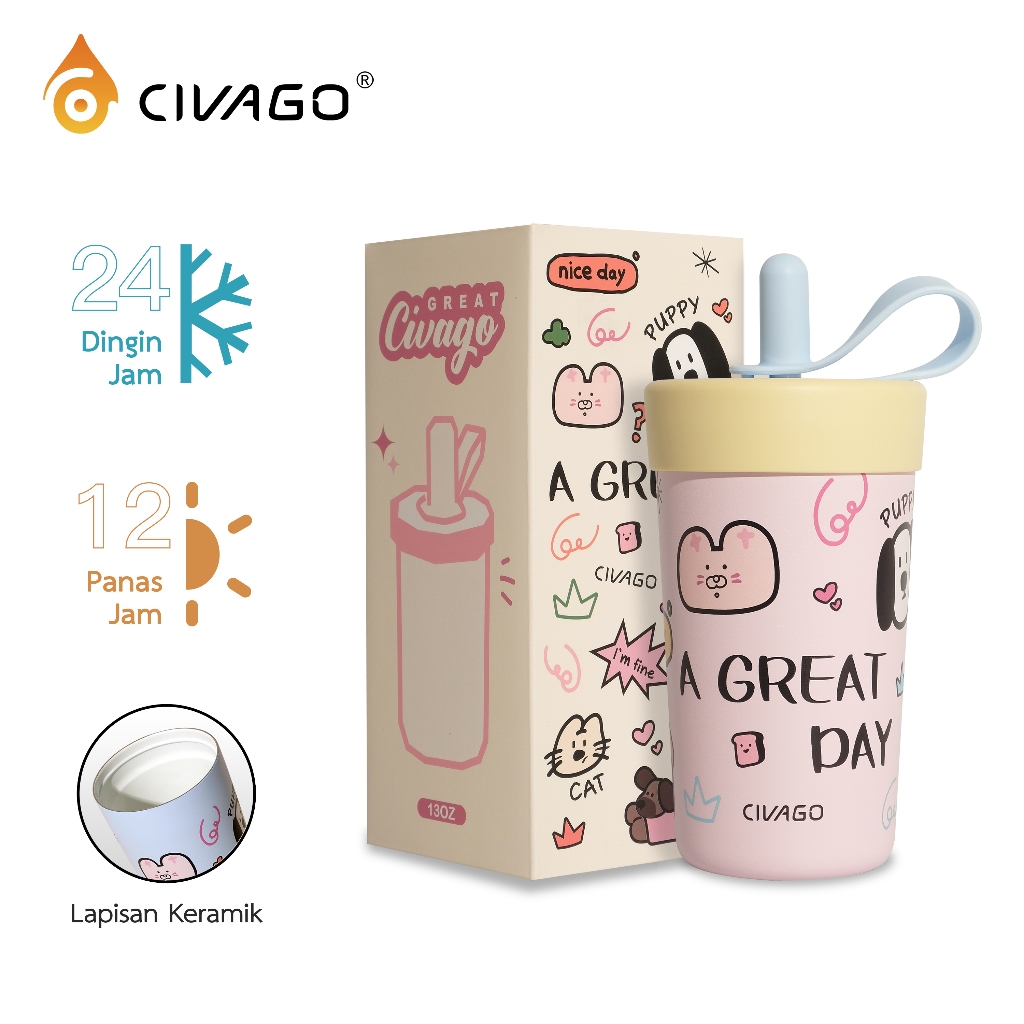 CIVAGO（13oz）Stylish Portable Straw Tumbler Stainless Steel Vacuum Cup ...
