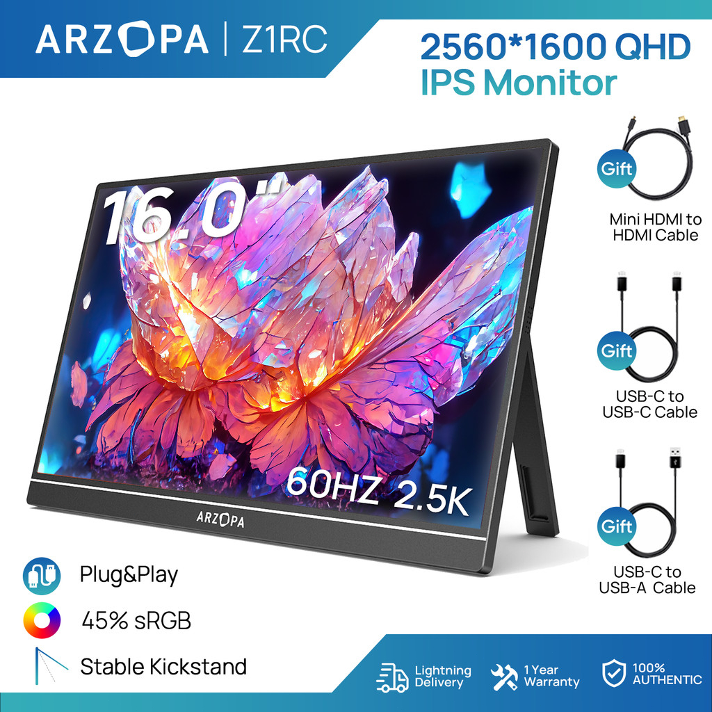 ARZOPA Z1RC, 16" 2.5K Portable Monitor, 2560x1600 HDR Kickstand ...