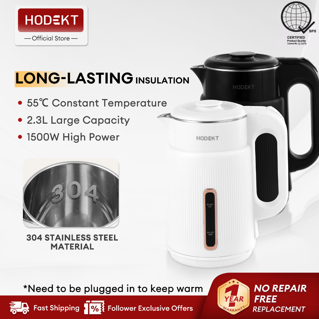 HODEKT Stainless Steel Electric Kettle Insulation Electric Water Heater ...