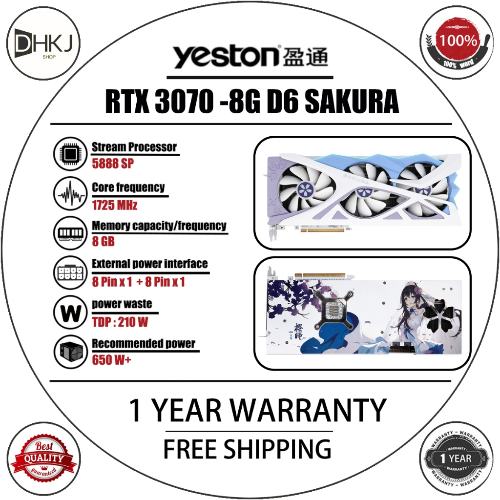 USED YESTON RTX 3070 -8G D6 SAKURA Graphics Card 8GB 5888SP GDDR6 8GB 1 ...