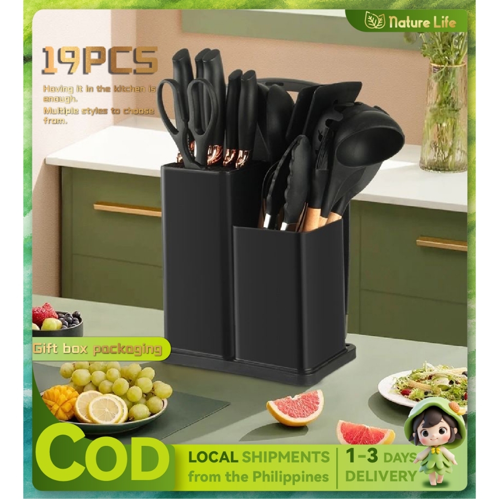 19PCS Silicone Kitchen Utensils Set And Kitchen Knife Set Non-stick ...