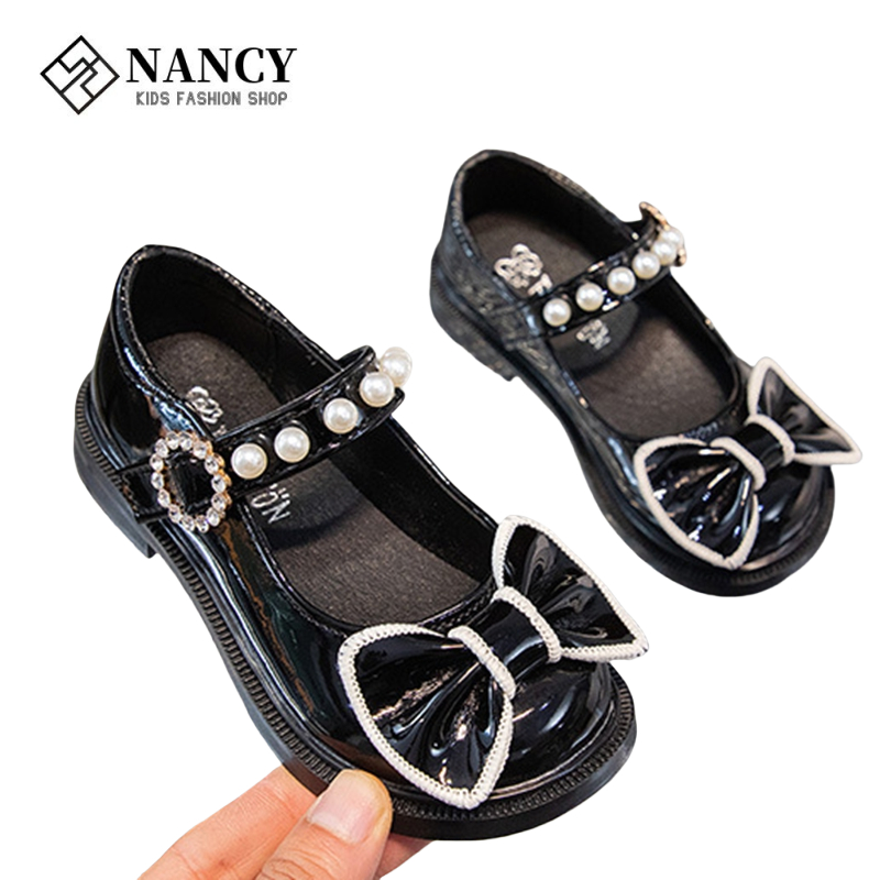Kids Fashion Black Shoes for kids girl Pearl Bow Single Shoes 2025New ...