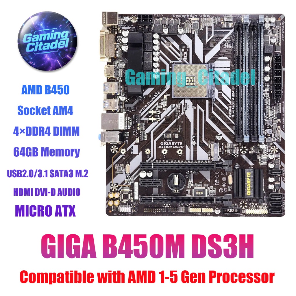Used GIGABYTE B450M DS3H AM4 AMD DDR4 ATX Motherboard Compatible with ...