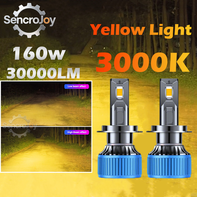 160W 30000LM Super Bright Car LED Headlight 3000K Golden Light Rain and ...