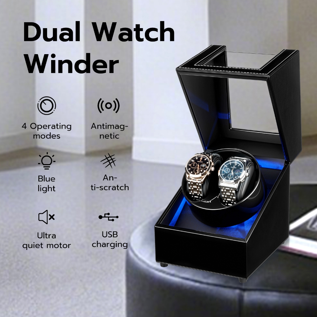 (Local delivery)LED Light 2-Slot Automatic Watch Winder PU Leather Dual ...