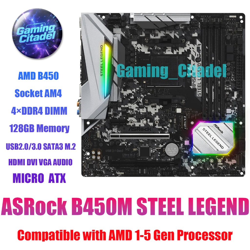 Used ASRock B450M Steel Legend MATX Motherboard AMD B450 AM4 DDR4 Compatible with AMD 1-5 Gen ...
