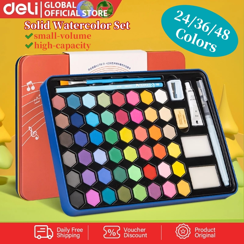 Deli 24/36/48 Color Solid Watercolor Paint Set For Kids Coloring ...