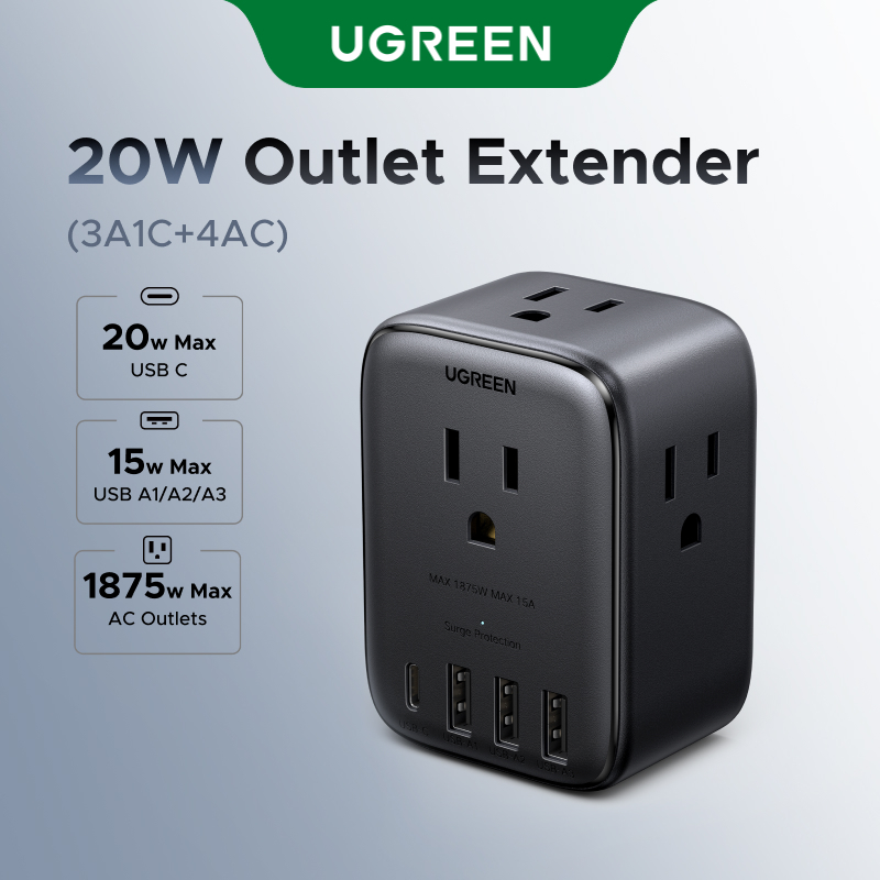 UGREEN US Plug Outlet Extender with 4 AC Outlets, 1 USB-C (20W), 3 USB ...